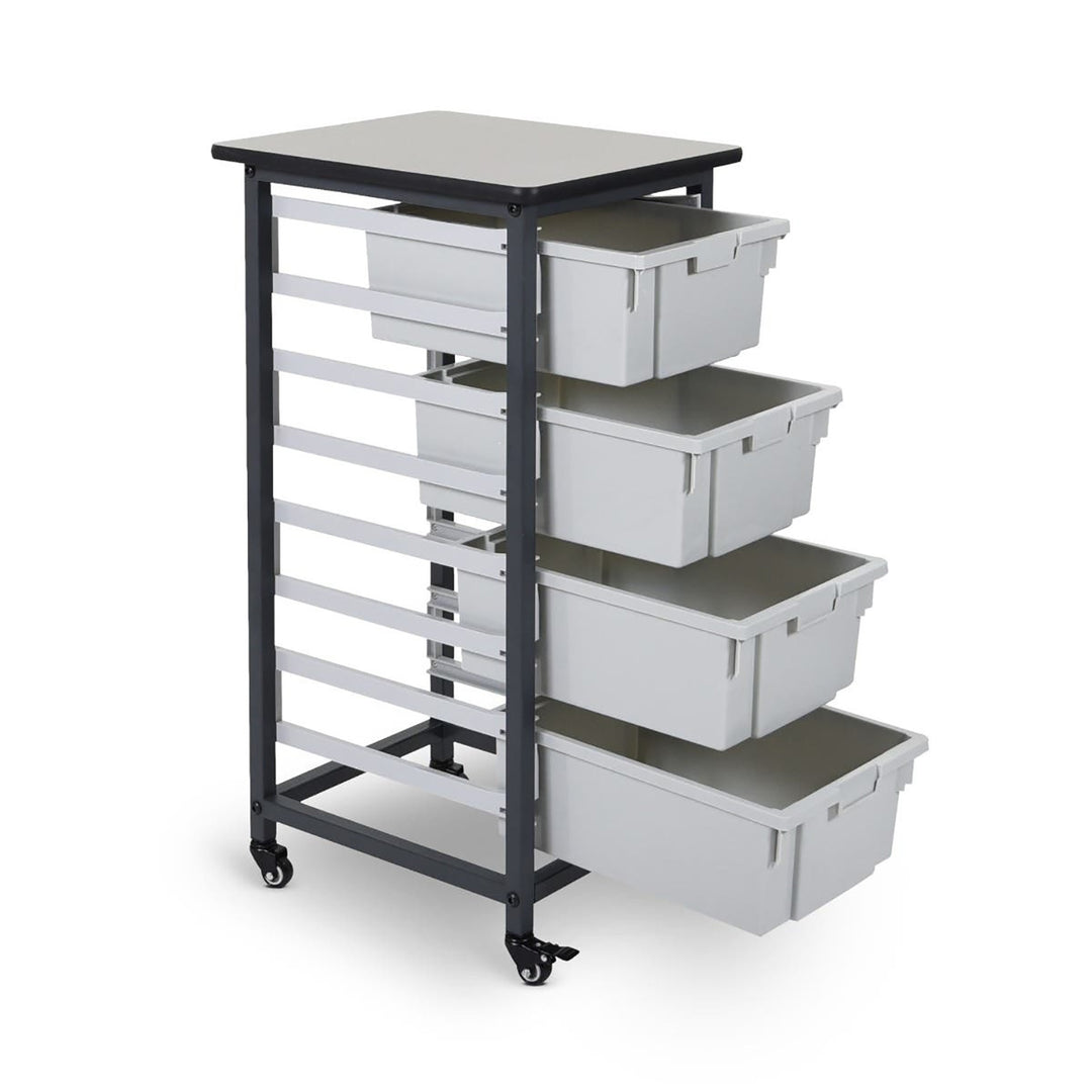 Mobile Bin Storage Unit - Single Row with Large Gray Bins – Allen Display